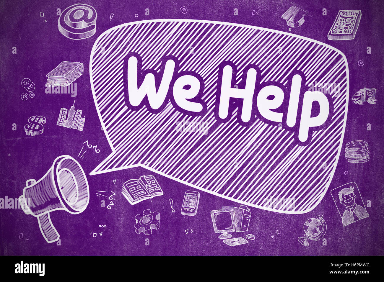 We Help - Cartoon Illustration on Purple Chalkboard Stock Photo - Alamy