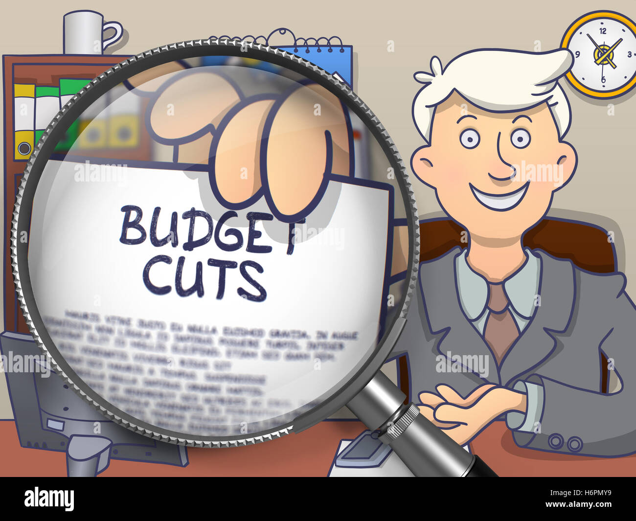 Budget Cuts through Magnifier. Doodle Style Stock Photo - Alamy