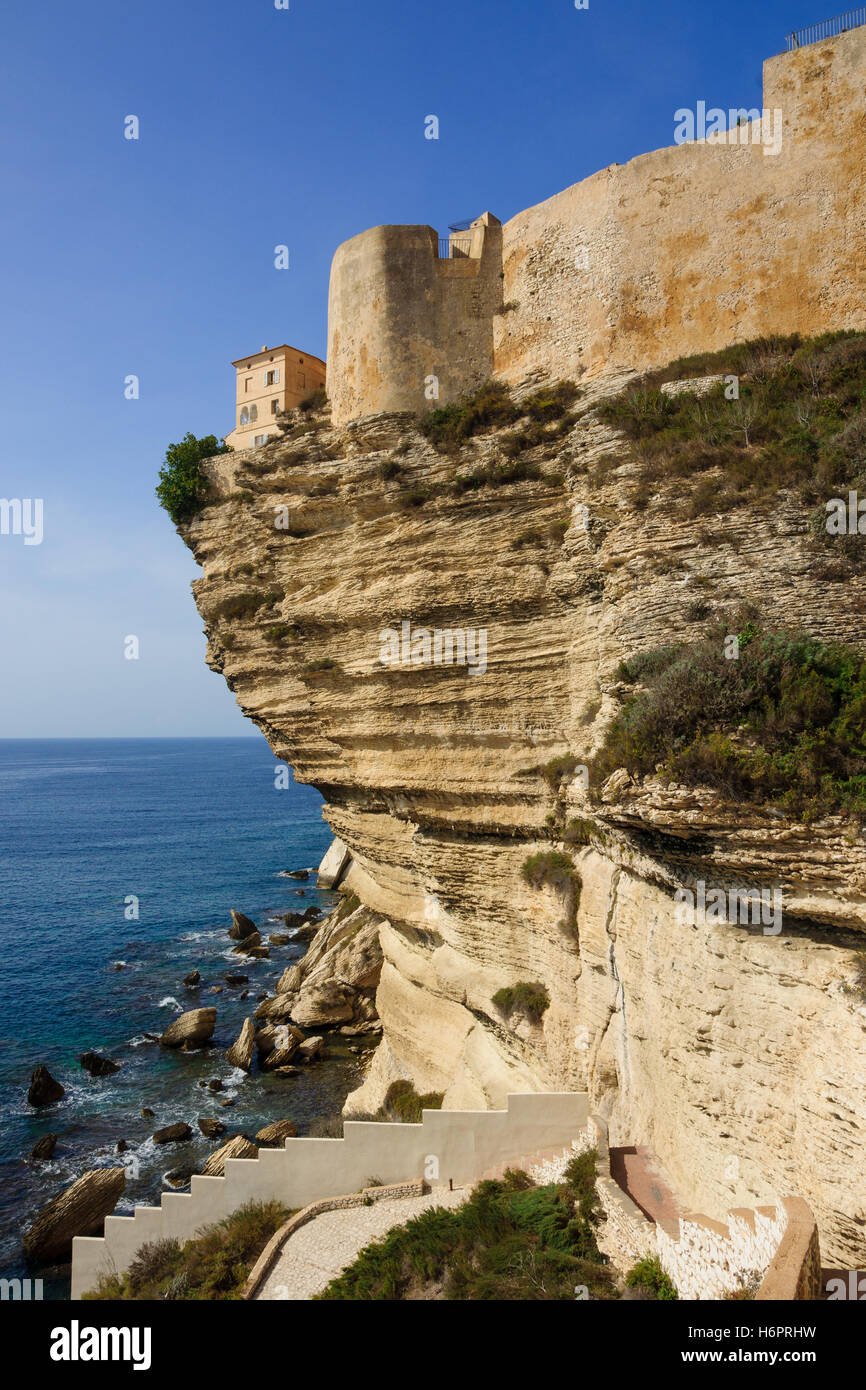 The cliffs, buildings, and city wall, in Bonifacio, Corsica, France ...