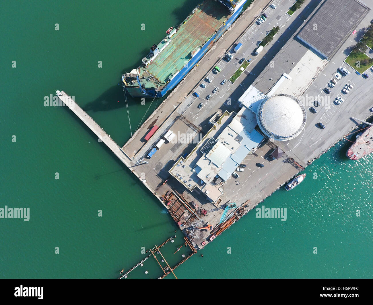 Top view of the marina and quay of Novorossiysk. Urban landscape of the ...