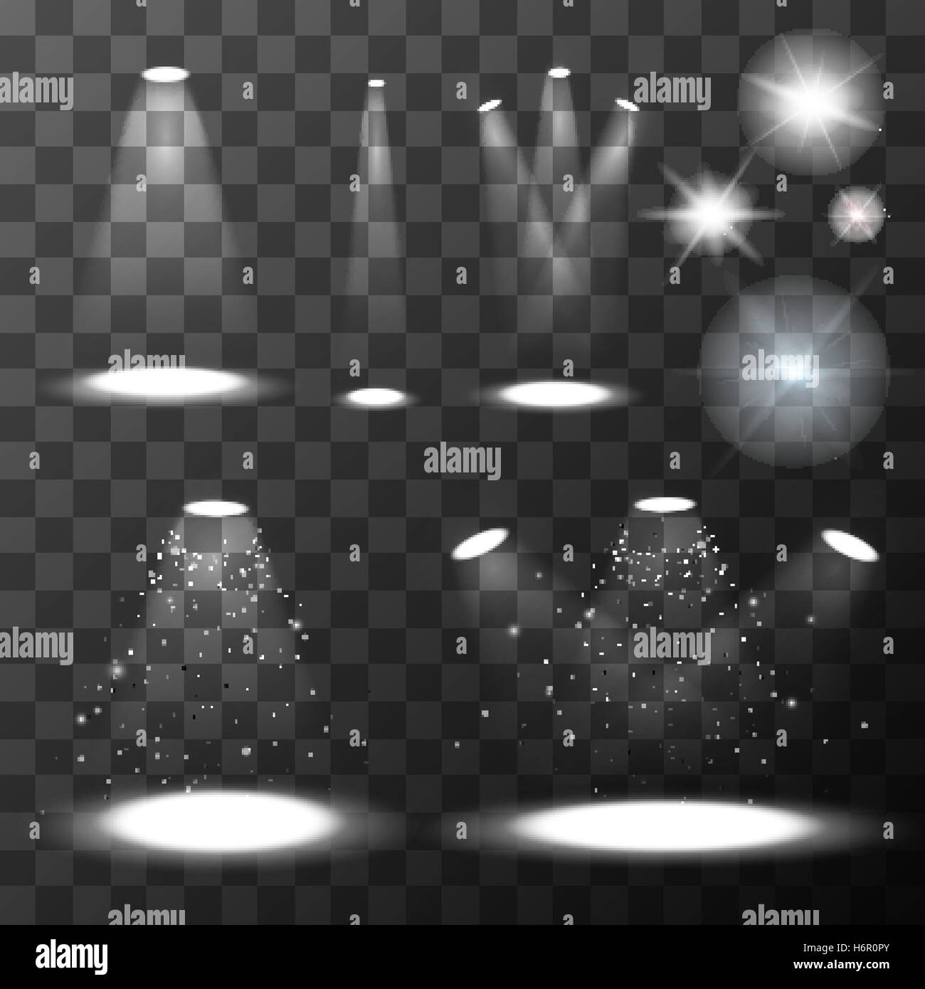 Set of different light sources. Illuminated spotlights on transparent ...