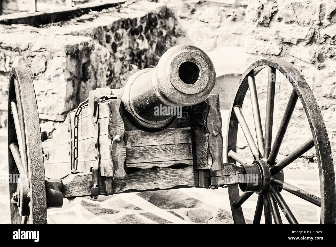 Close up photo of historic cannon. Retro object. Military theme. Black ...