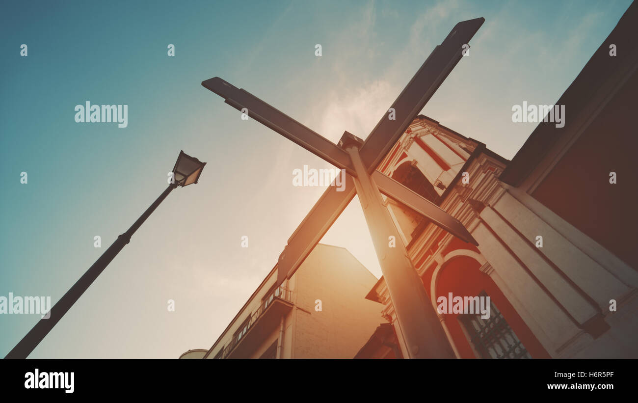 Waymark mock up on street of summer city with clear blue sky near ...