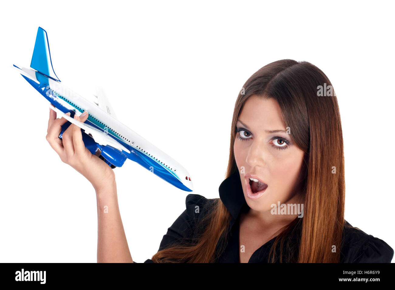 woman travel panic fear expression emotion aircraft aeroplane plane ...