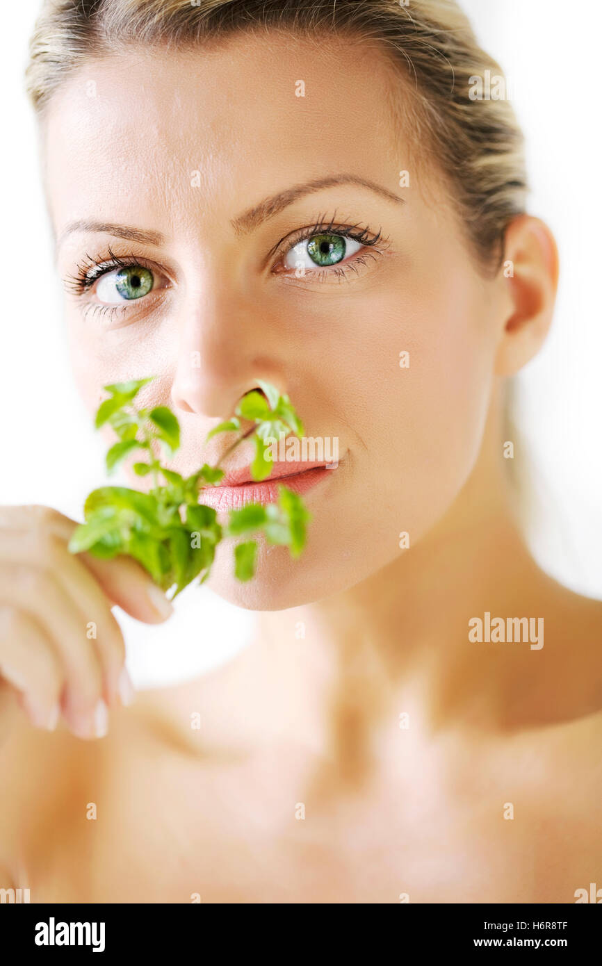 Beauty woman mint leaf hi-res stock photography and images - Alamy