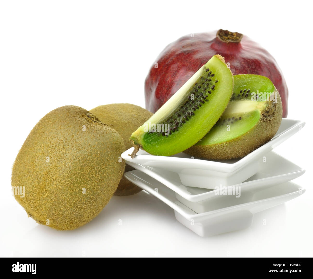 food aliment closeup green fruit while slice pomegranate organic whole ...