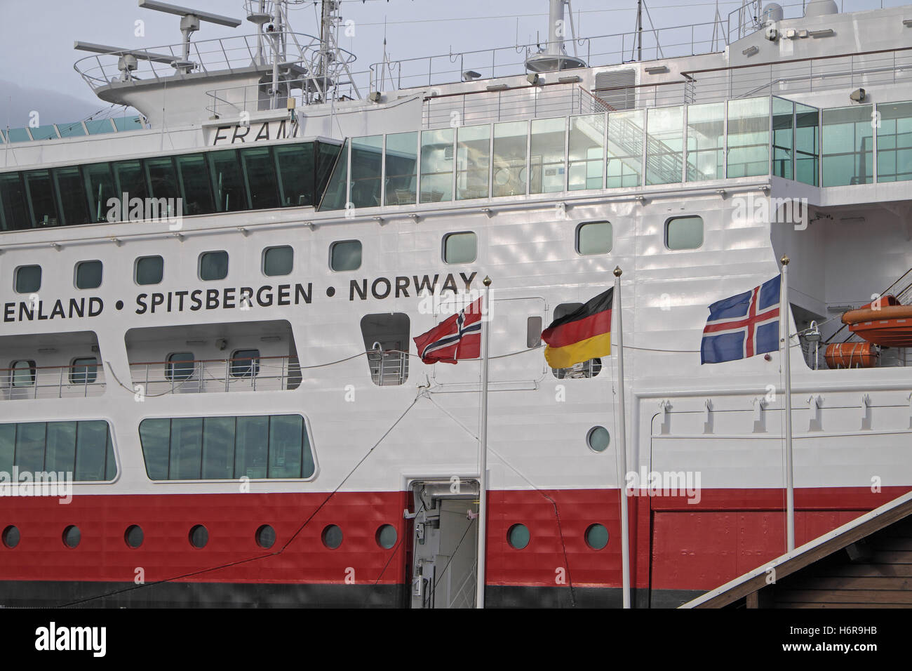 Norwegian, German and Icelandic flags and MV Fram, Akureyi, northern ...