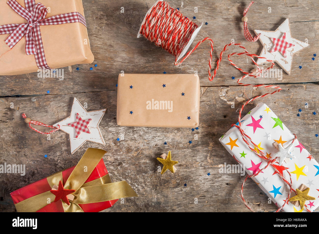 process of packing holiday gifts with effect instagram Stock Photo - Alamy