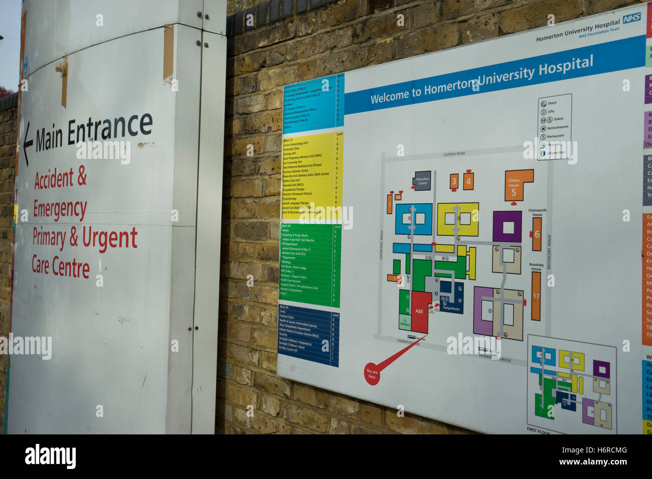 Signs giving directions at the Homerton University Hospital in Hackney ...