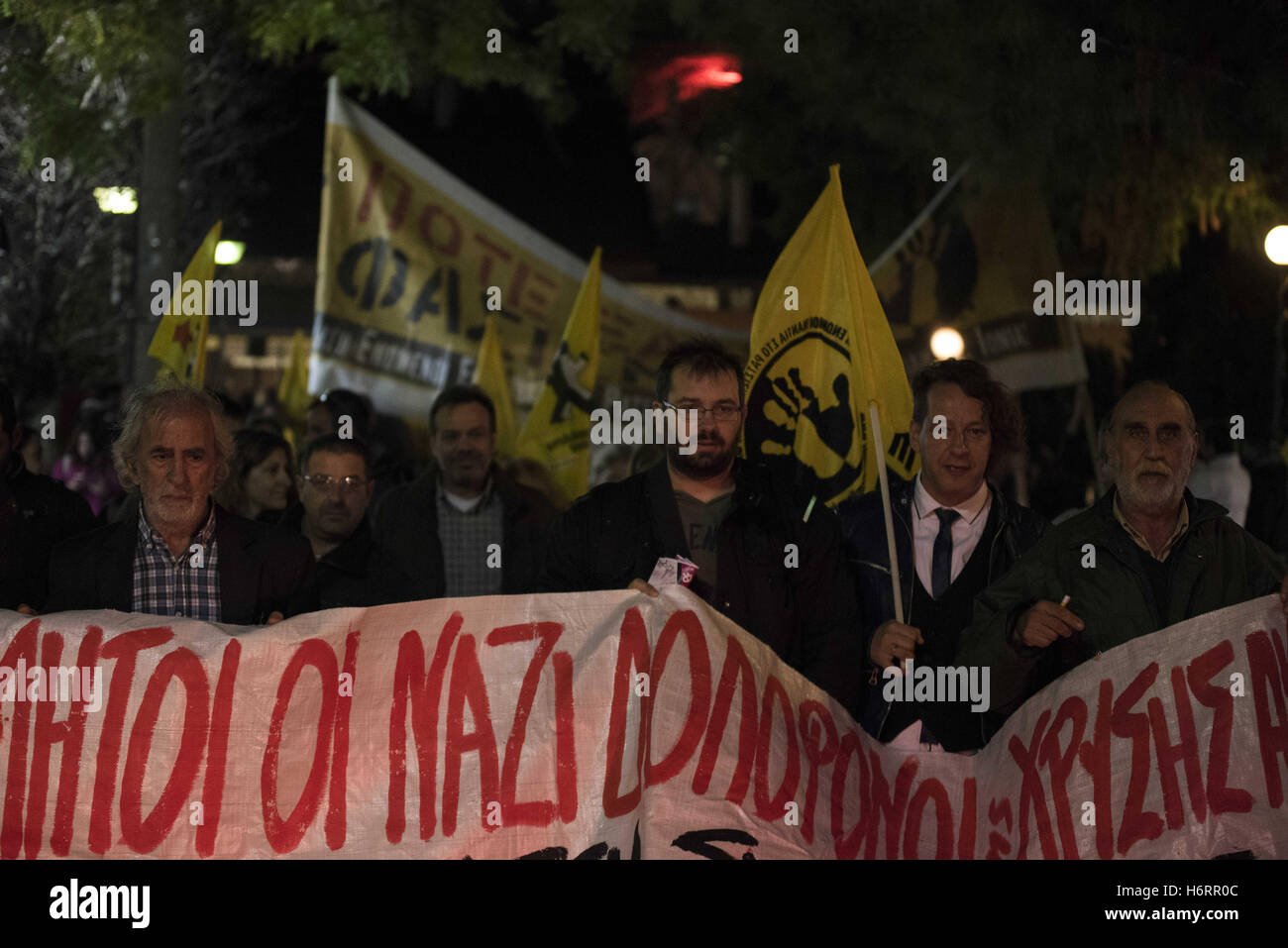 Athens, Greece. 1st Nov, 2016. Protesters march shouting slogans ...