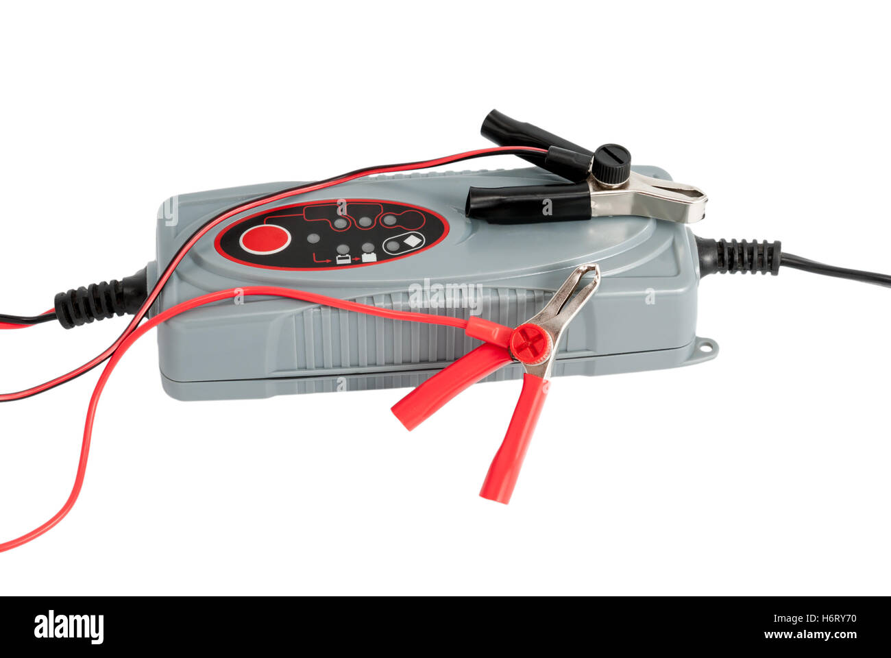 Modern electronic charger for car battery with terminals and jumper ...