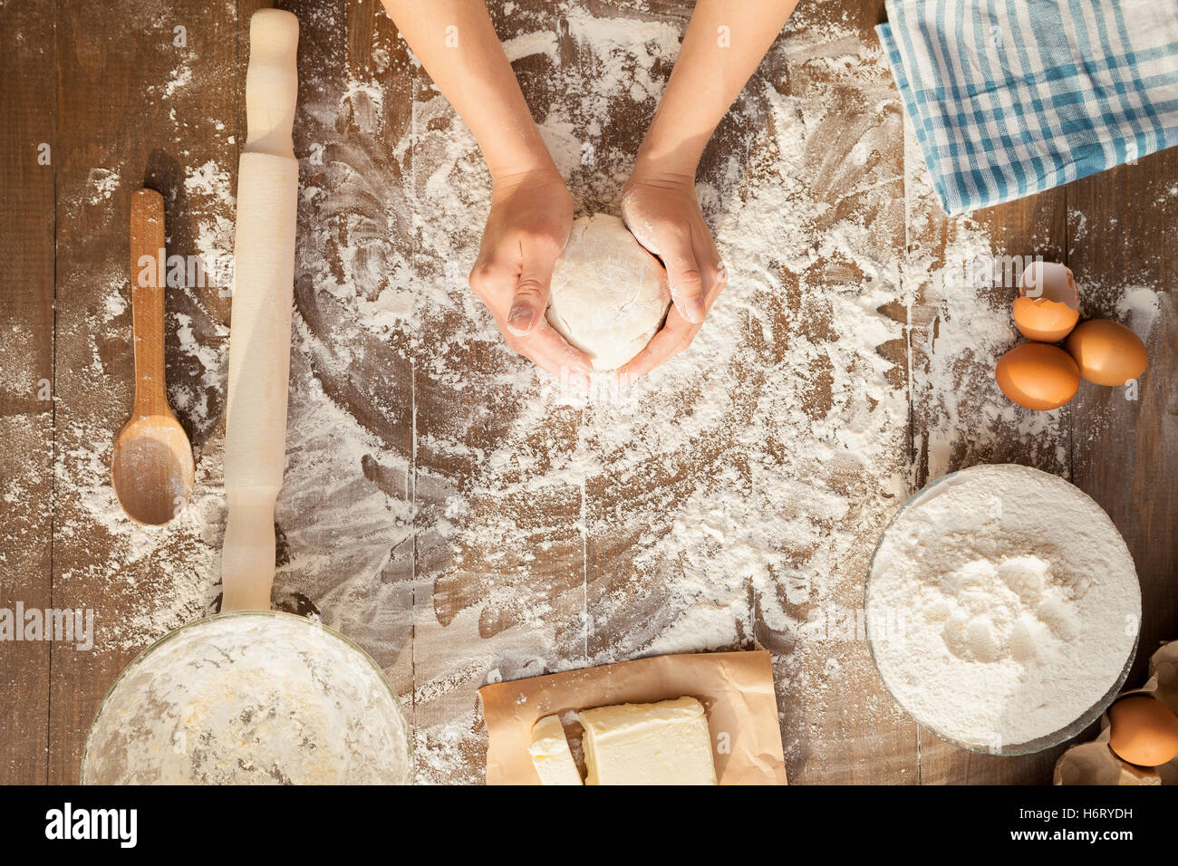 Female cooking dough. View from above Stock Photo - Alamy