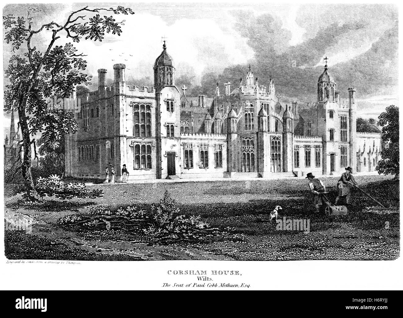 An engraving of Corsham House, Wiltshire scanned at high resolution ...