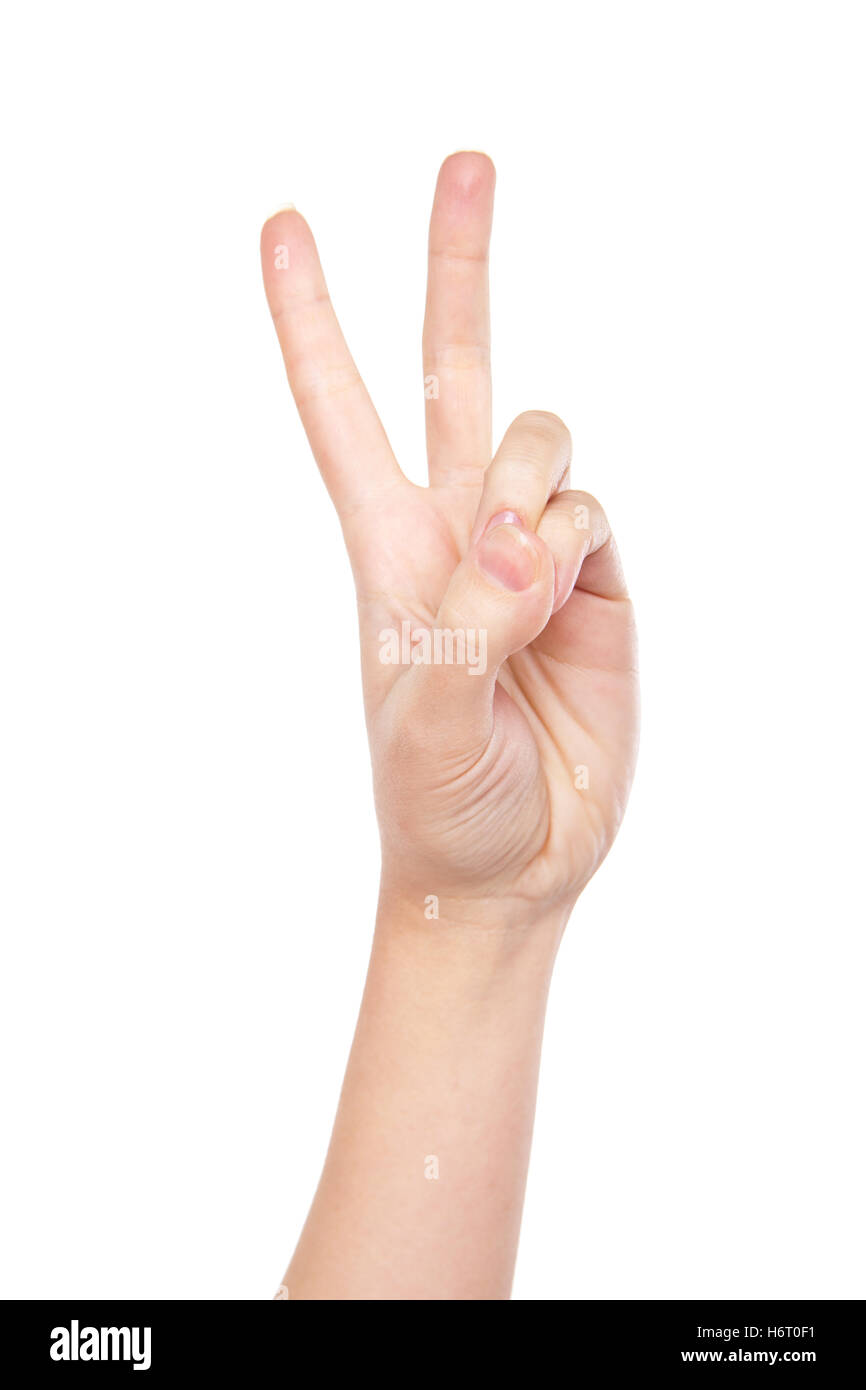 Hand forming victory sign isolated on white Stock Photo - Alamy