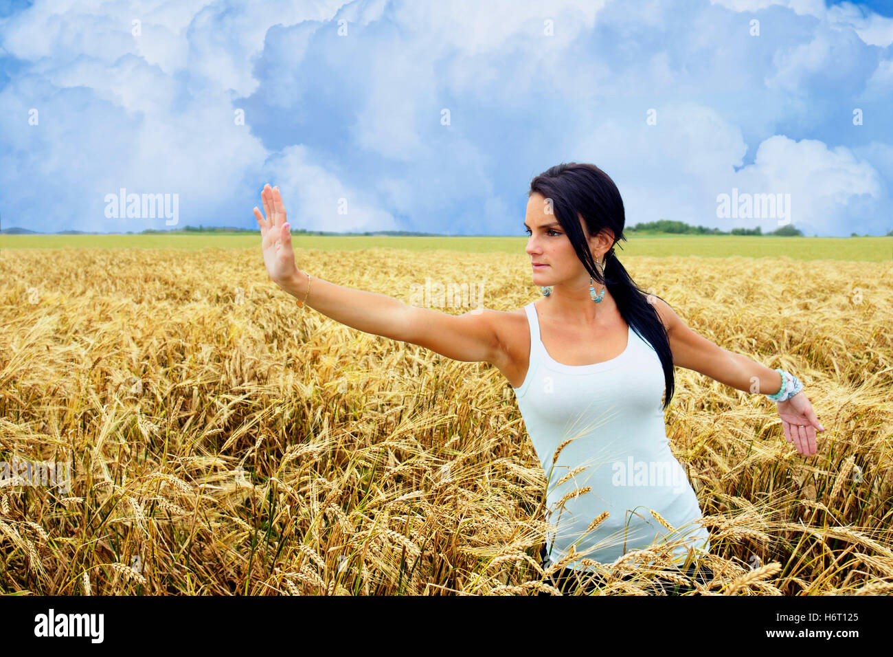 woman relaxation field yoga young younger girl girls woman humans human ...