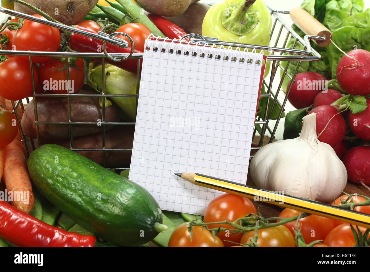 shopping list with basket and vegetables Stock Photo - Alamy