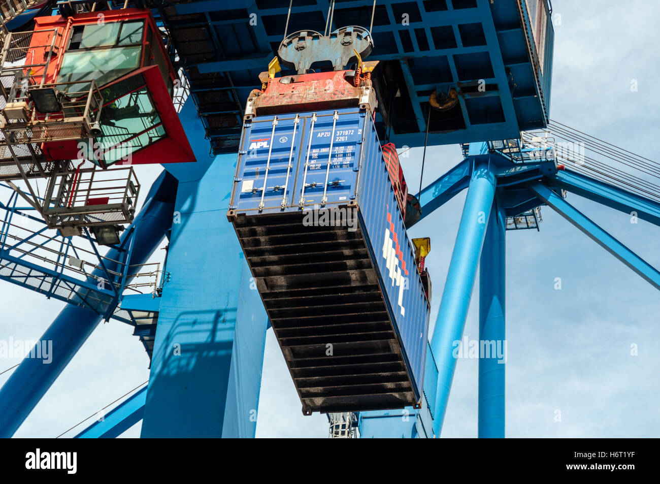 Sea container lifted by a harbor crane Stock Photo - Alamy