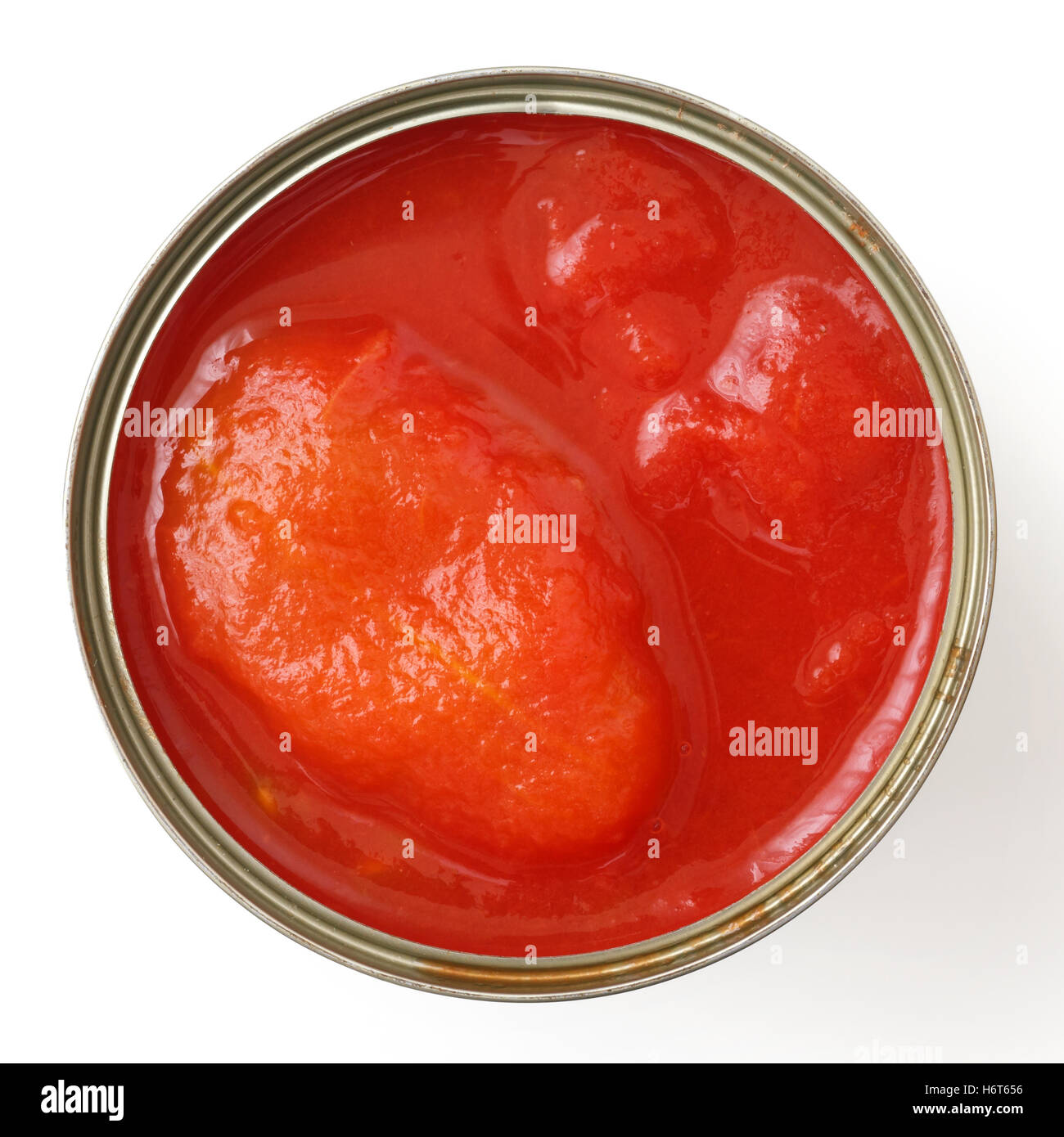 Whole open can of tomatoes isolated from above Stock Photo - Alamy