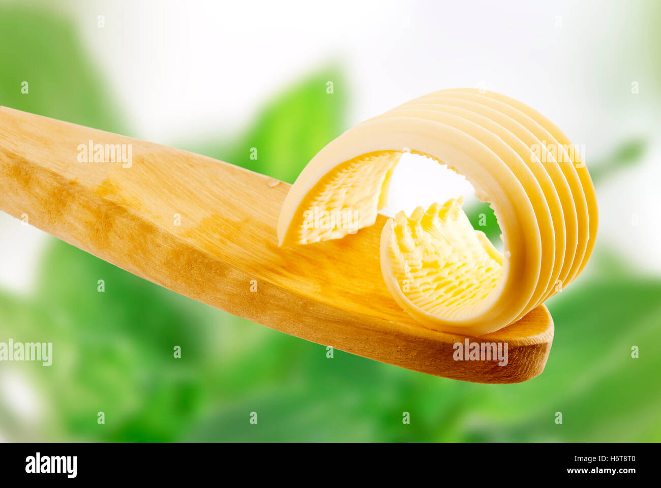 food aliment closeup spread one rolled wooden spoon curl dairy ...