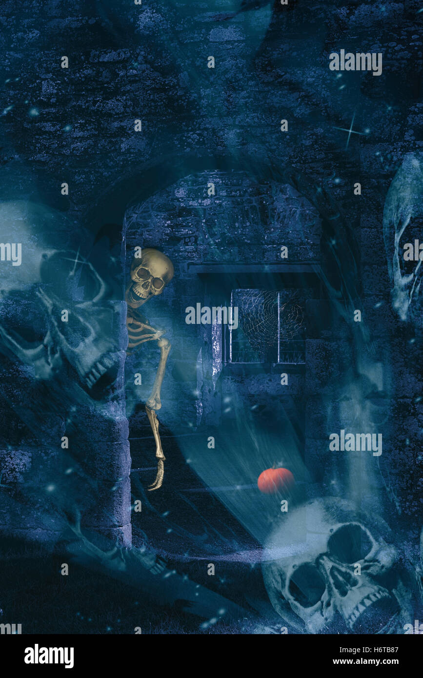 Skeleton in abbey ruins at Halloween with skulls double exposure Stock ...