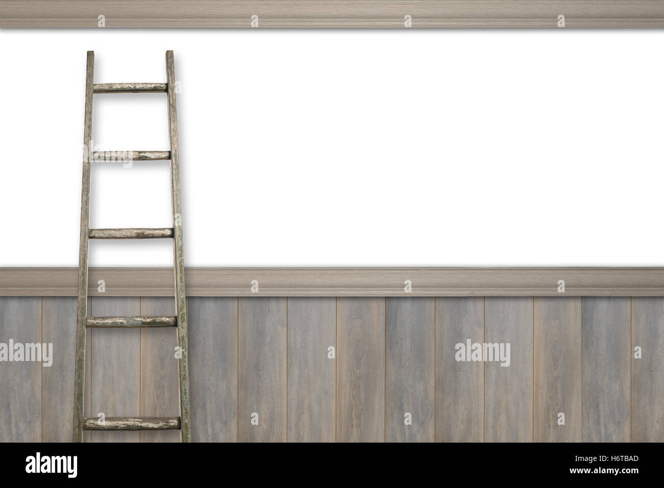 Advertising space with rustic ladder against white and wooden panel ...