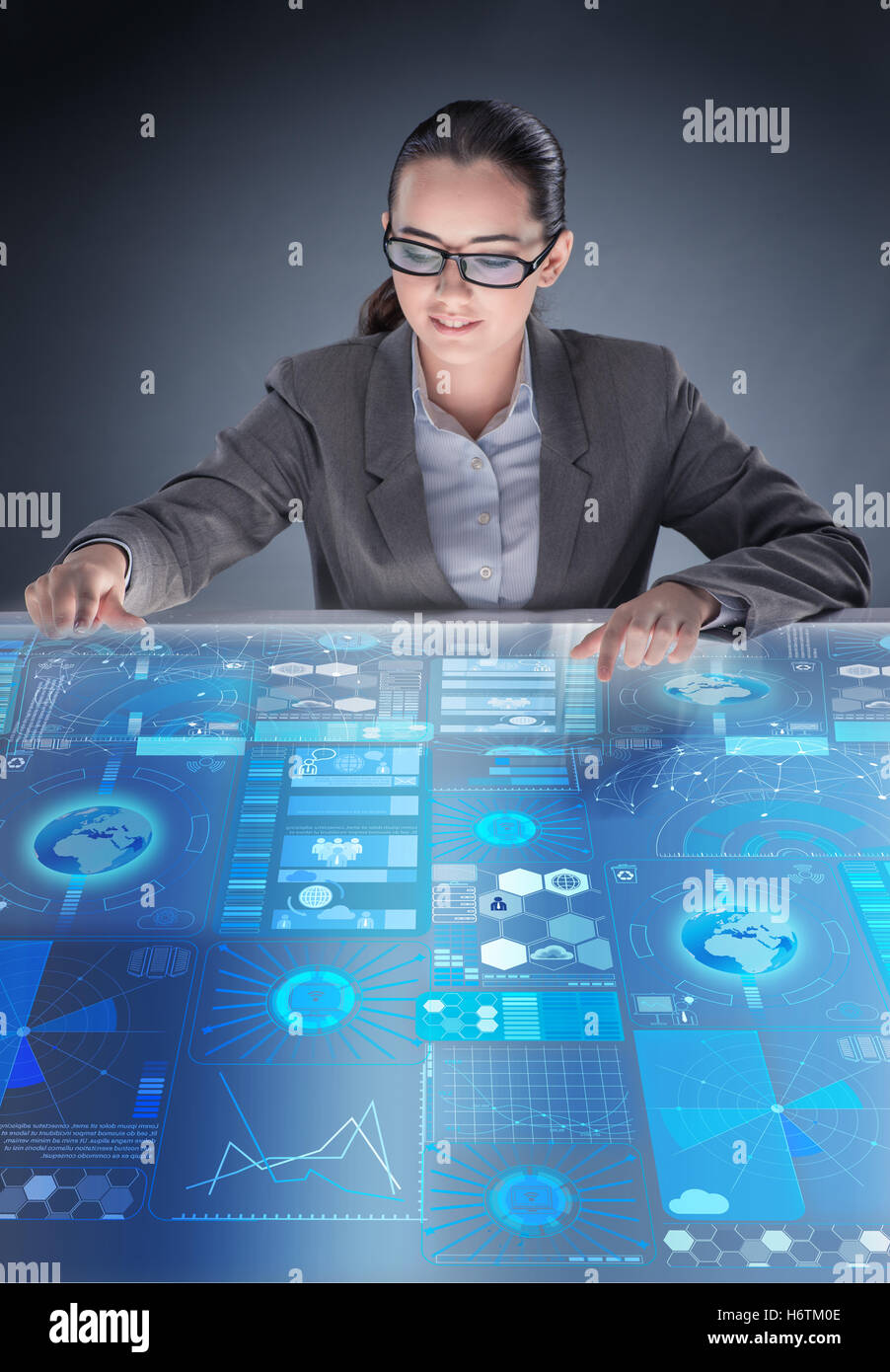 Futuristic media sharing concept with woman Stock Photo - Alamy