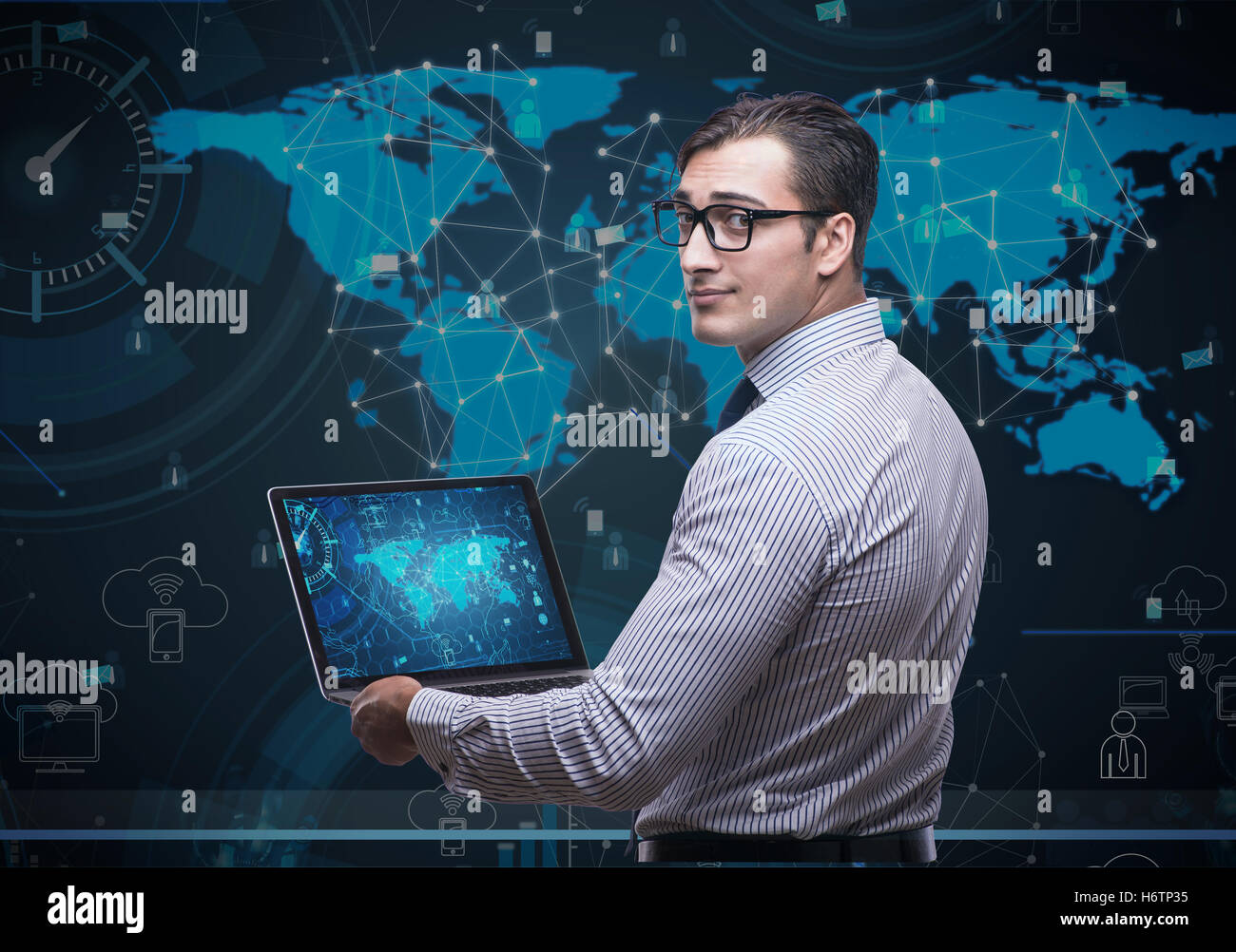 Man in social data management concept Stock Photo - Alamy