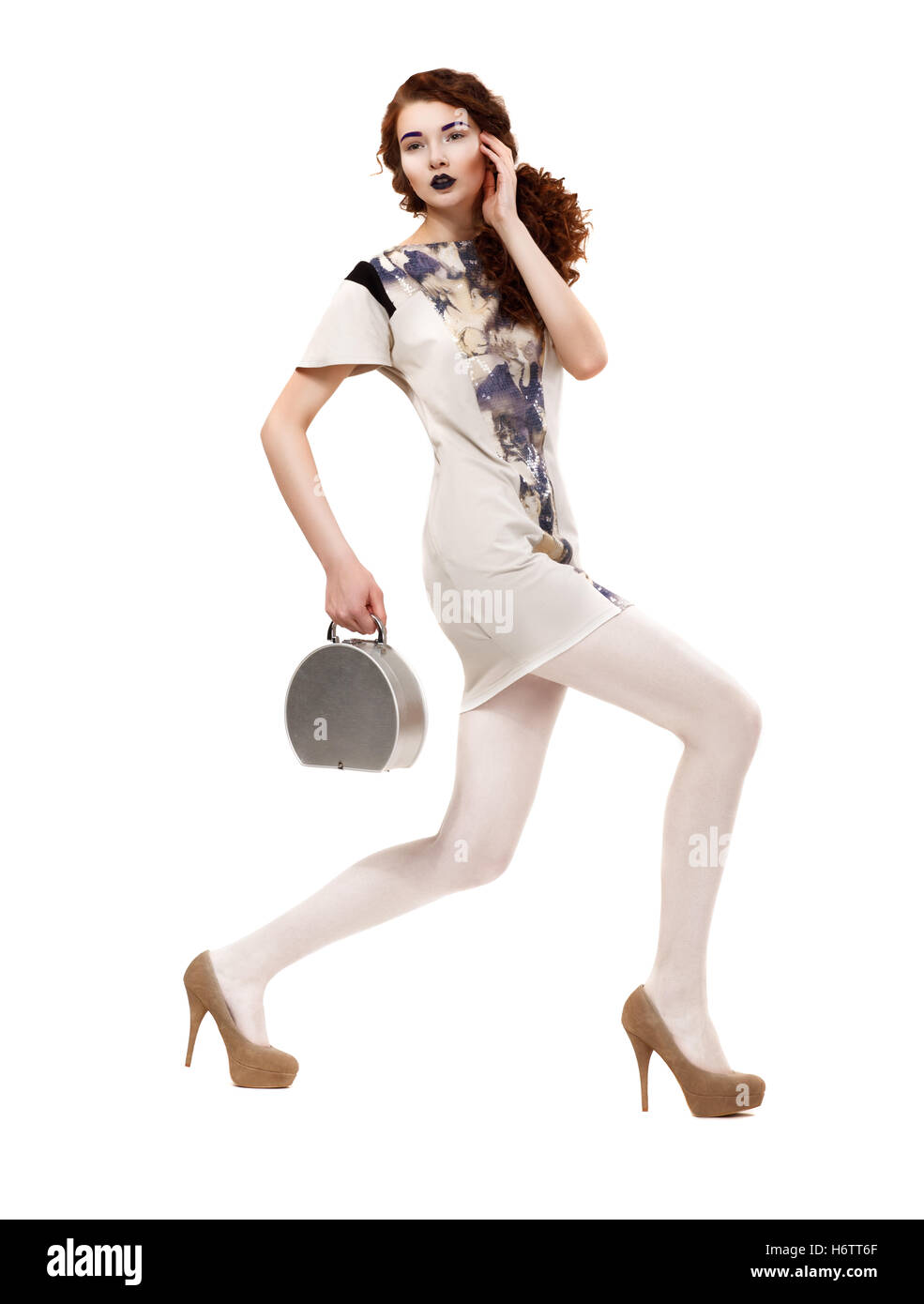 woman profile handbag blue motion postponement moving movement walk go ...