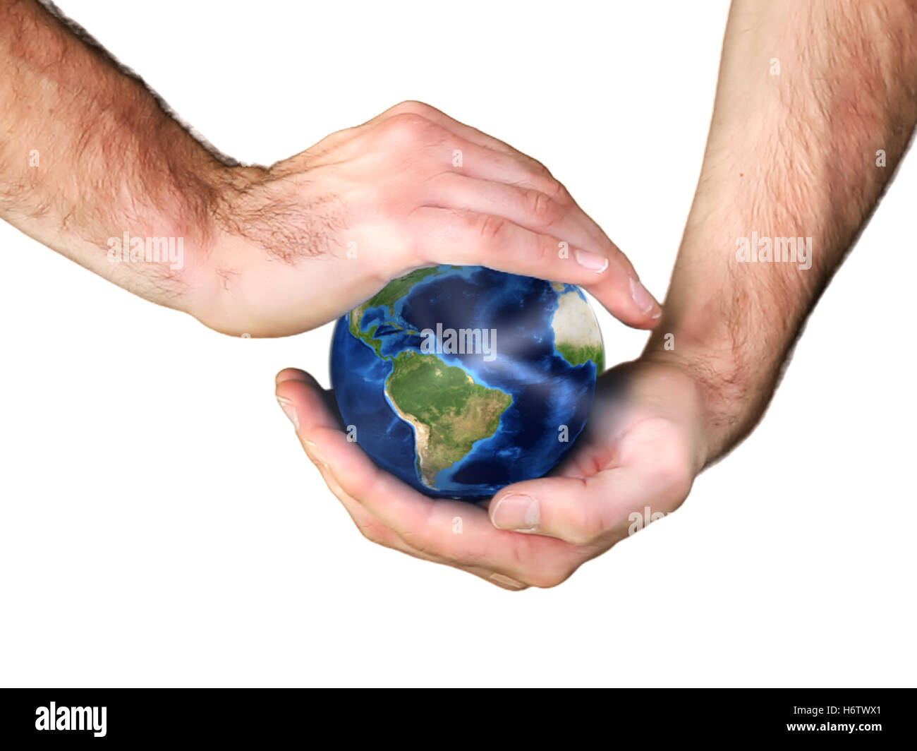 Male hands holding the earth on white background Stock Photo - Alamy