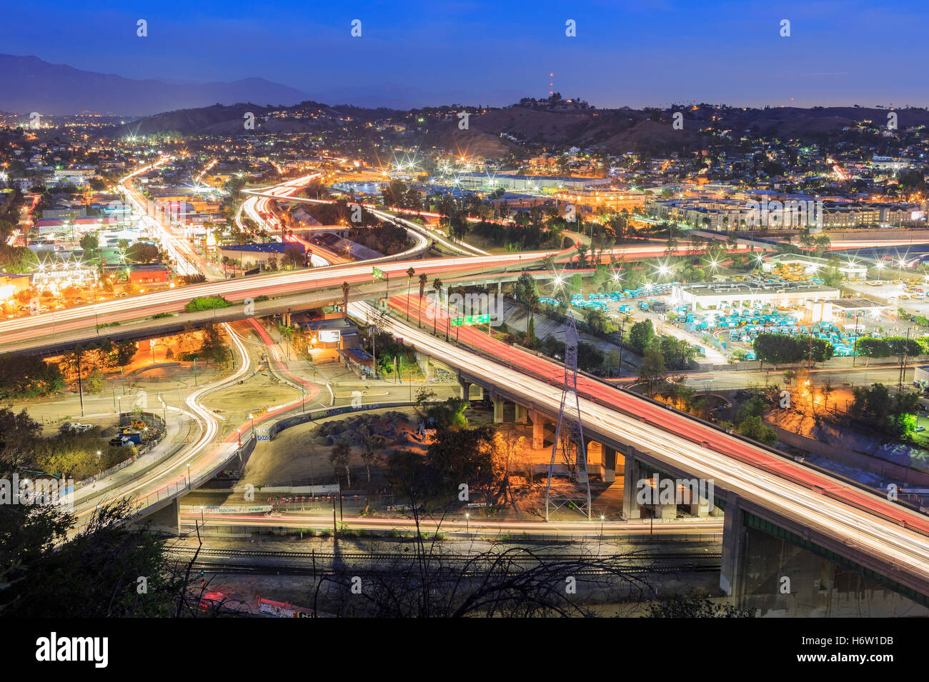 Beautiful intersection 110 and 5 highway and downtown cityscape of Los ...