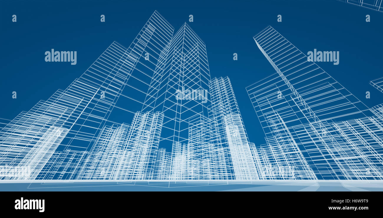 blue buildings houses city town model design project concept plan draft ...