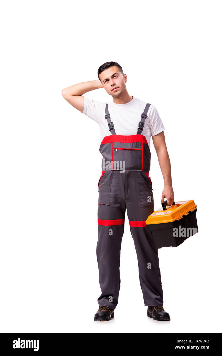 Tired repairman isolated on white Stock Photo - Alamy
