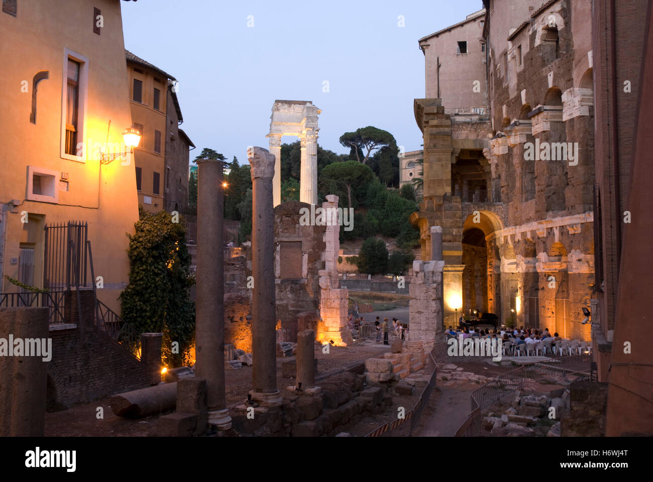 Night shot of the Temple of Apollo Sosius and the Theatre of Marcellus ...