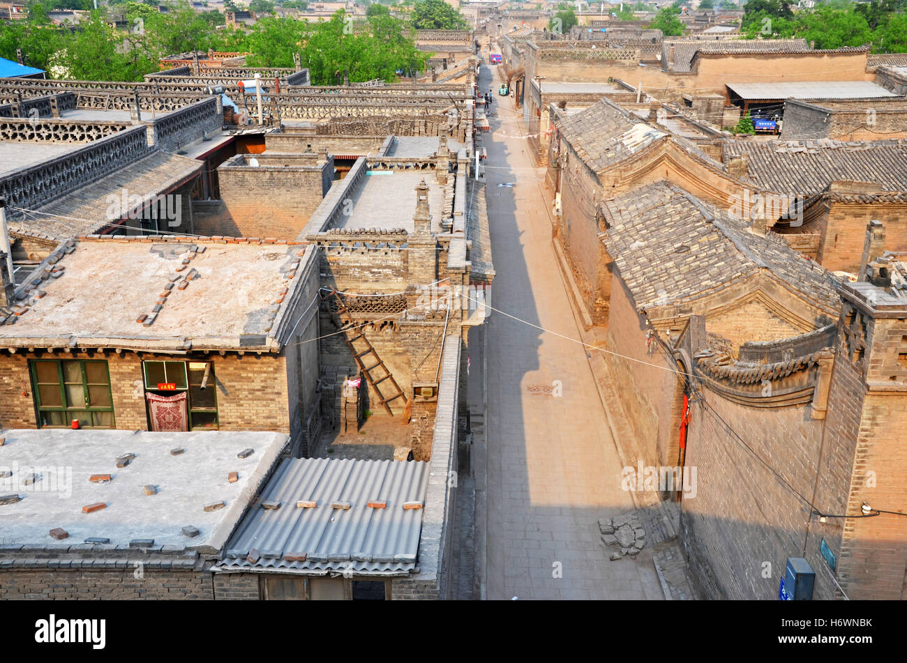 View down an empty street from the city walls, Pingyao, Shanxi, China ...