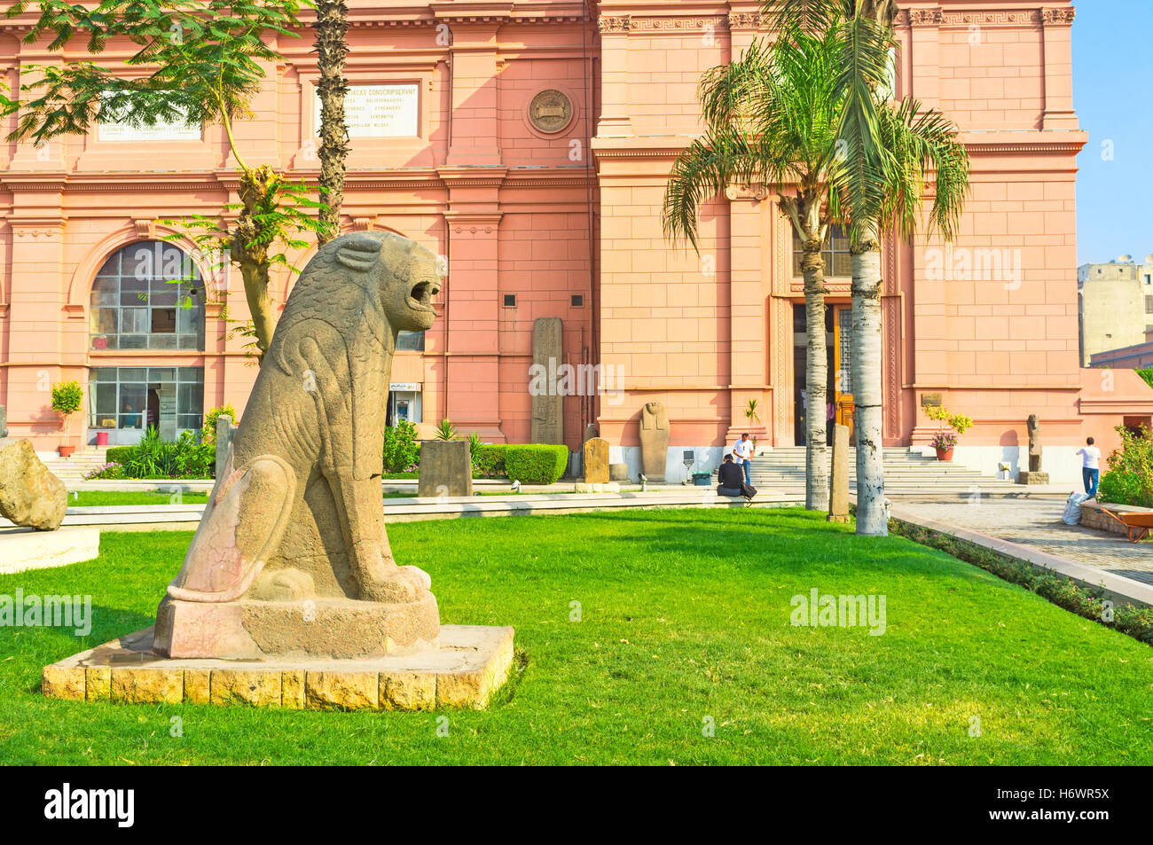 The statue of lion decorates the garden of the Egyptian museum Stock ...