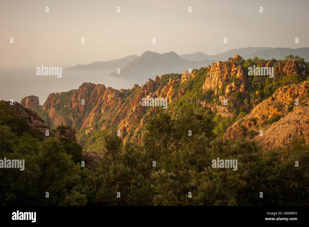 The cliffs of the Calanques de Piana at sunset, in Corsica, France ...