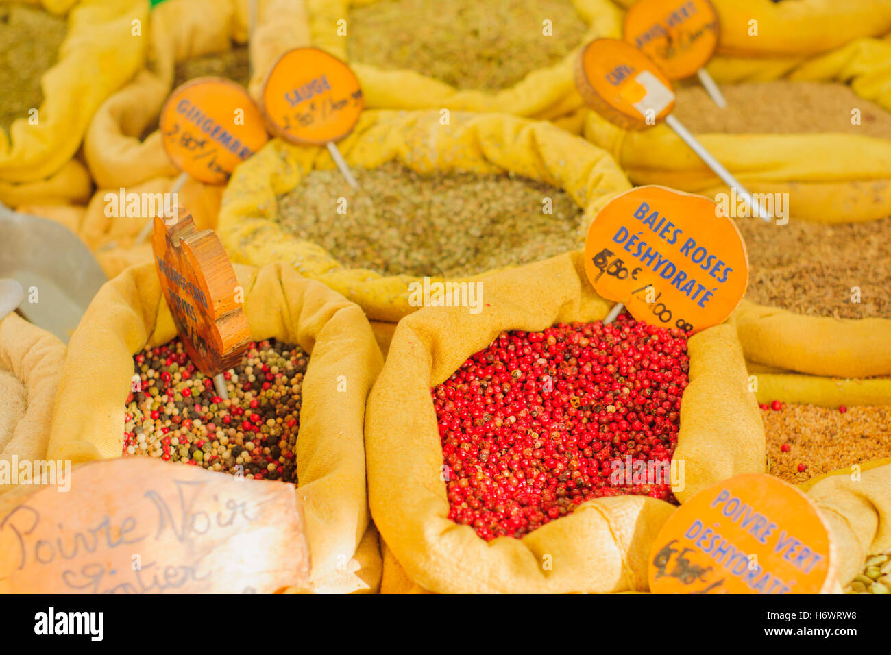 Various spices on sale in a French market, in Ajaccio, Corsica, France ...