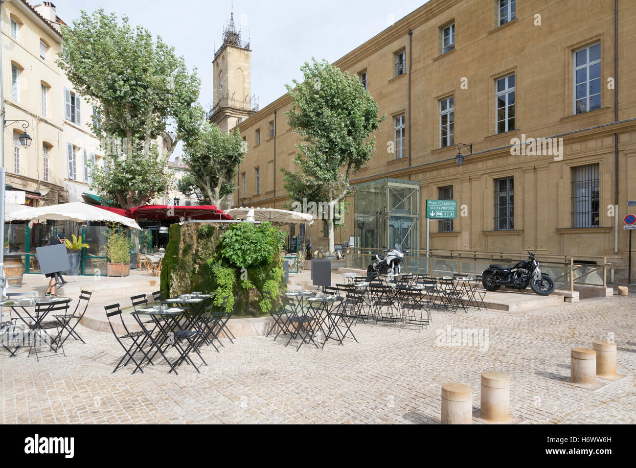 Aix en provence,France-August 9,2016:A small town square with bars and ...