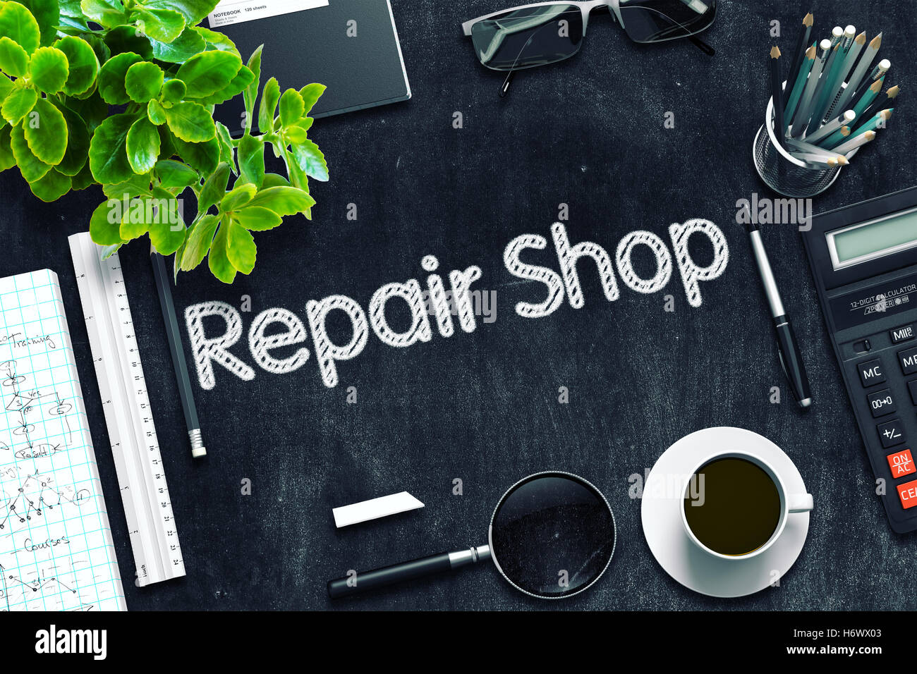 Repair Shop Handwritten on Black Chalkboard. 3D Rendering Stock Photo ...