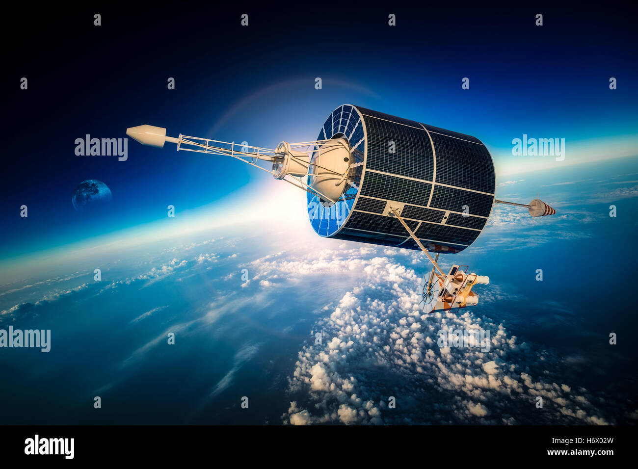 Space satellite orbiting the earth on a background star sun. Elements ...
