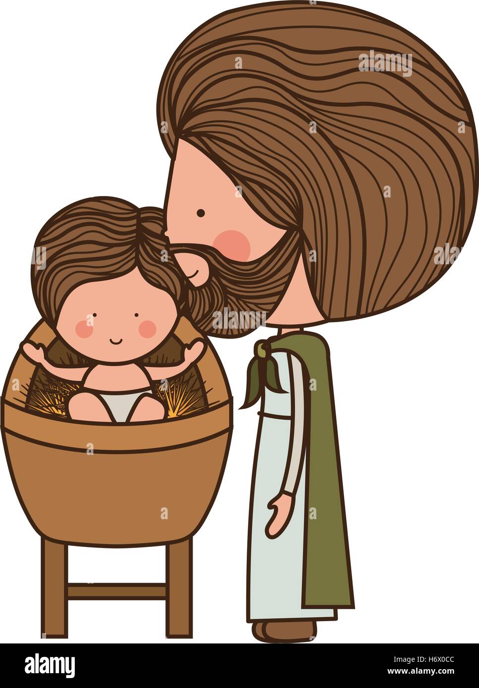 cartoon baby jesus smiling in a crib with saint joseph over white ...
