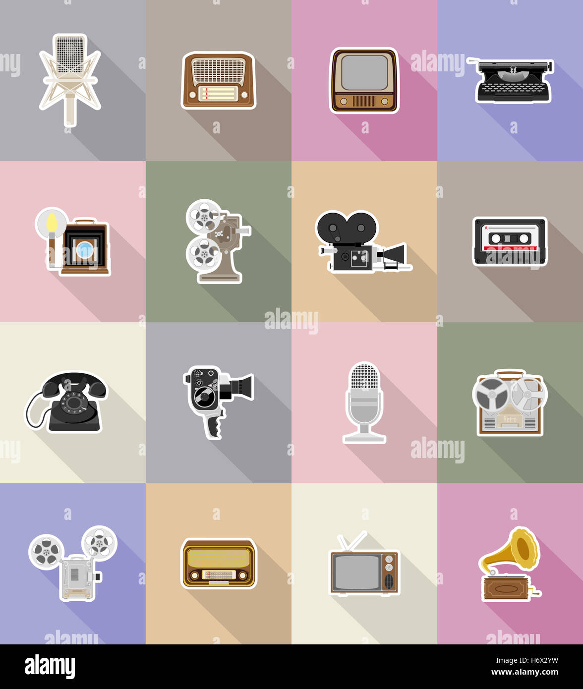 old retro vintage multimedia flat icons illustration isolated on ...