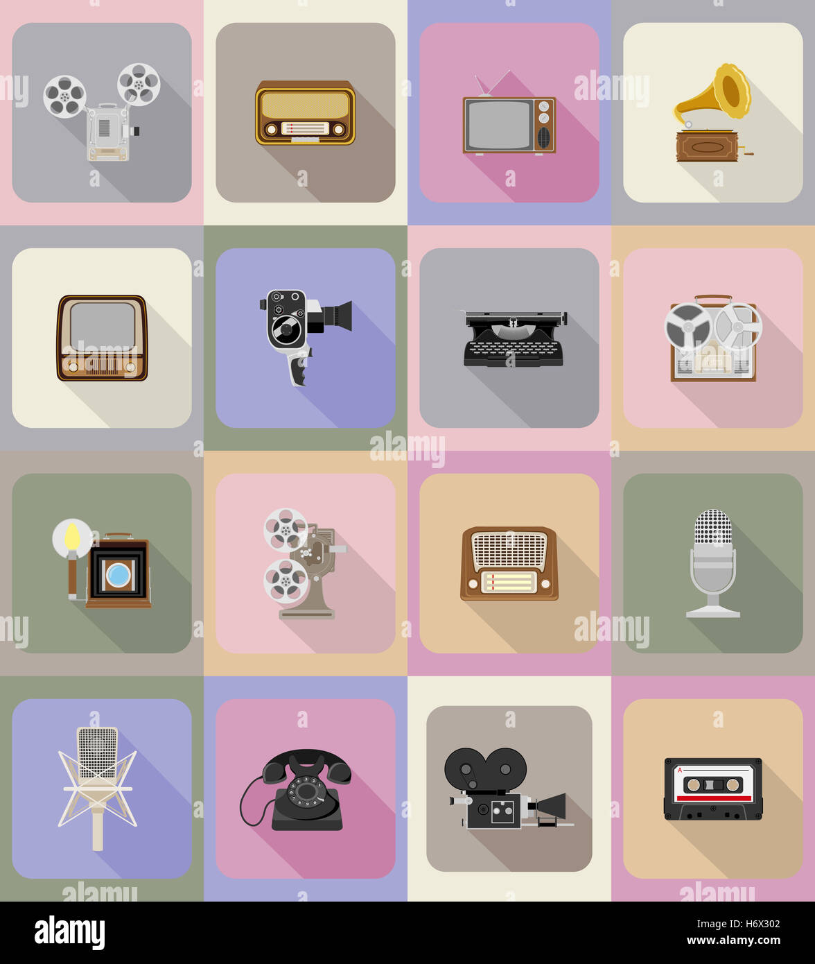old retro vintage multimedia flat icons illustration isolated on ...