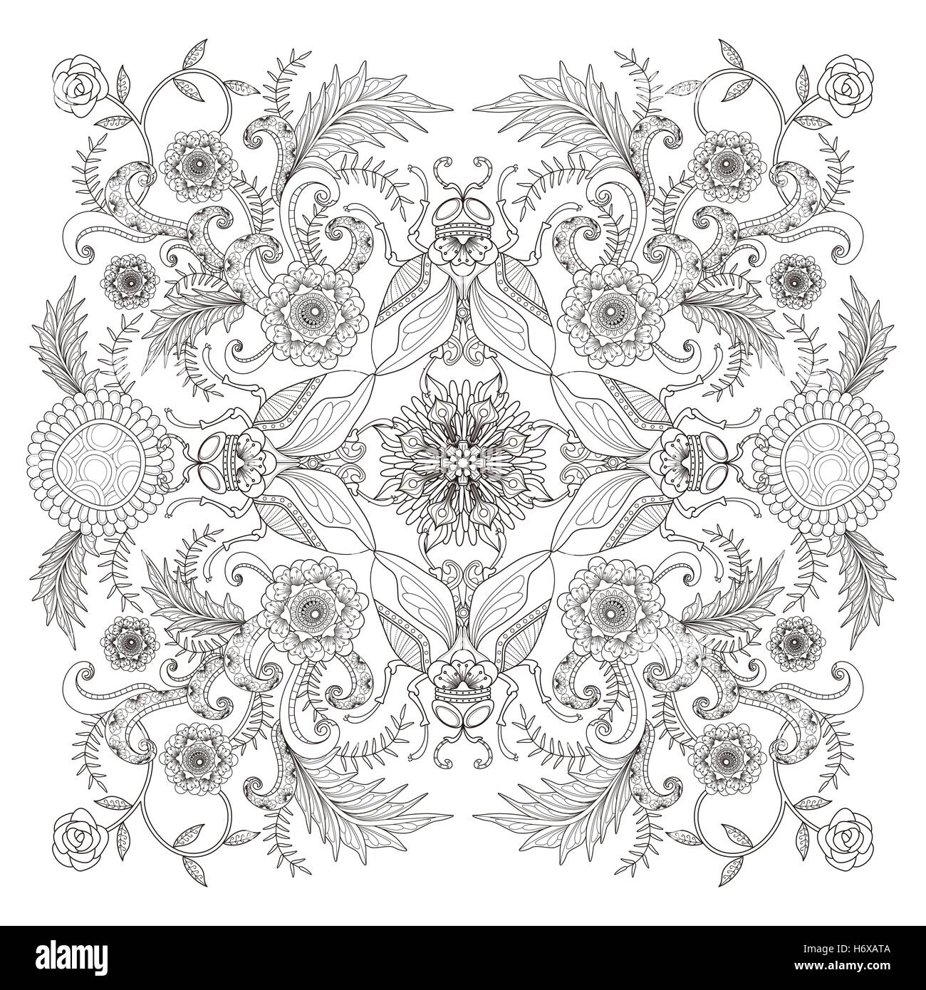 Retro insect adult coloring page, decorative insects with floral ...