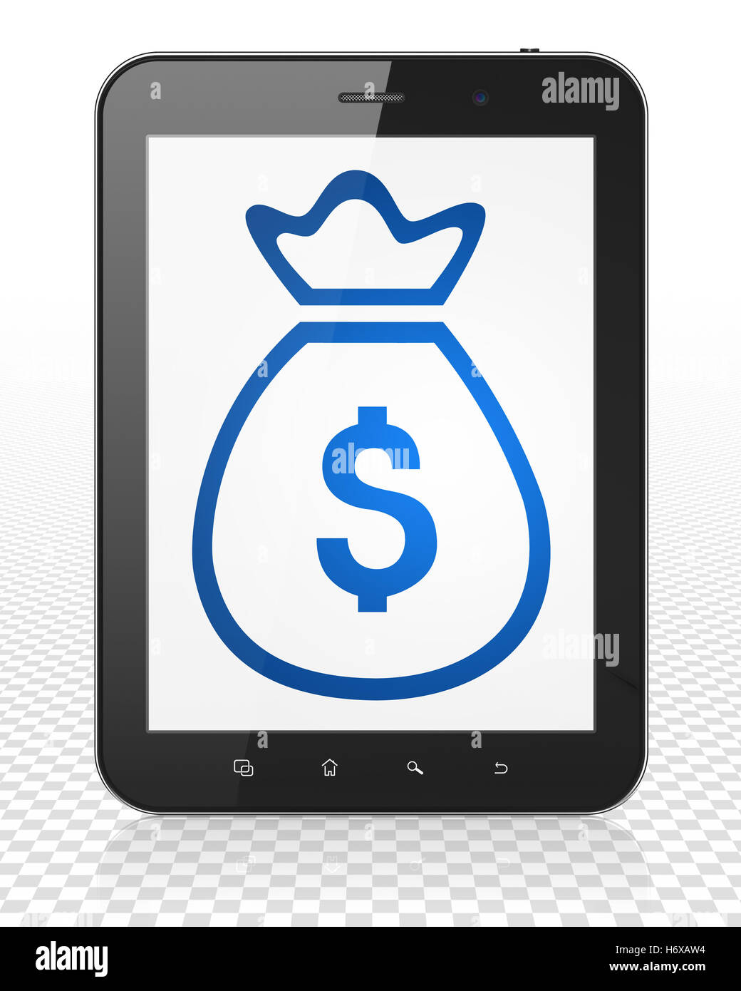 Currency concept: Tablet Pc Computer with Money Bag on display Stock ...