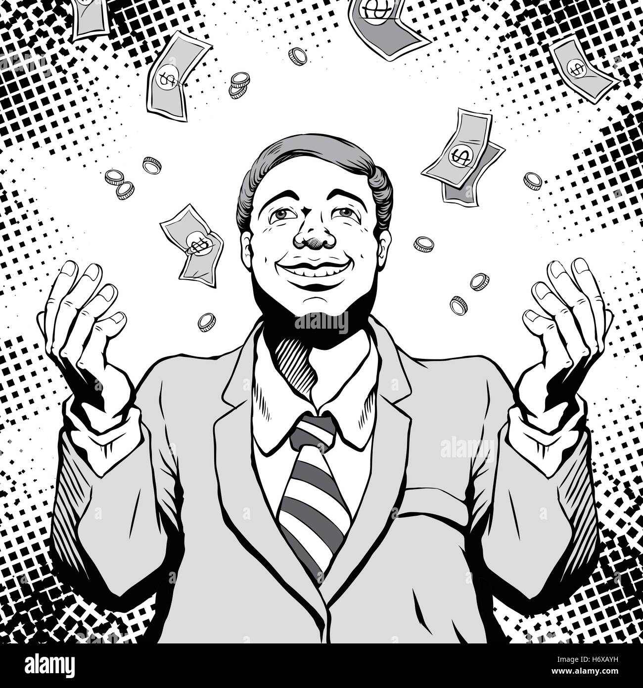 retro man smiling with a greedy face and dream about having much money ...