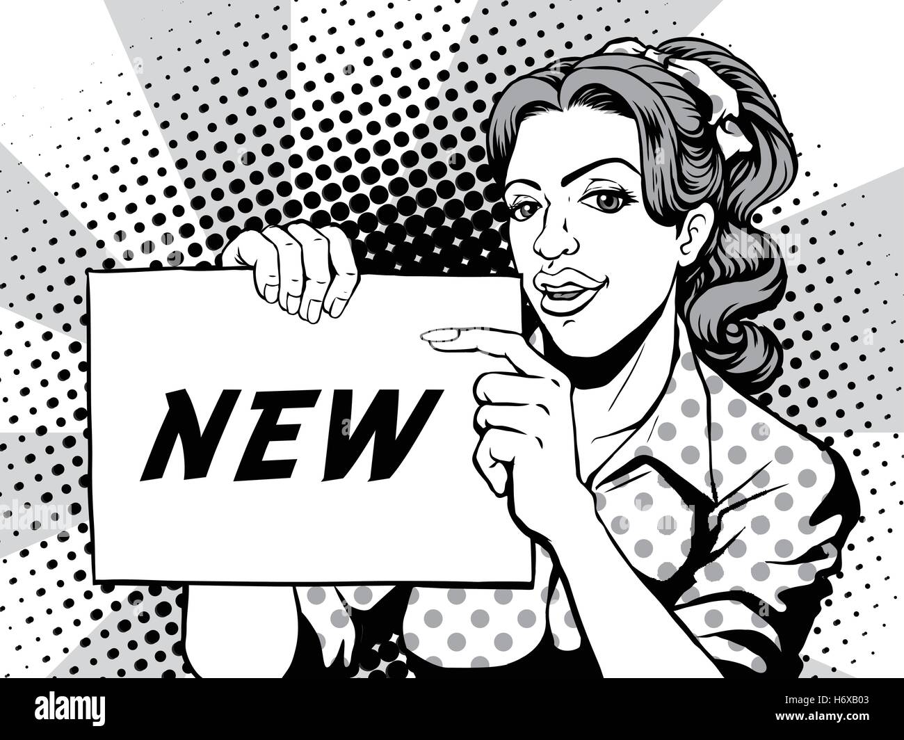 retro woman smiling and pointing to a paper that says new, comic book ...