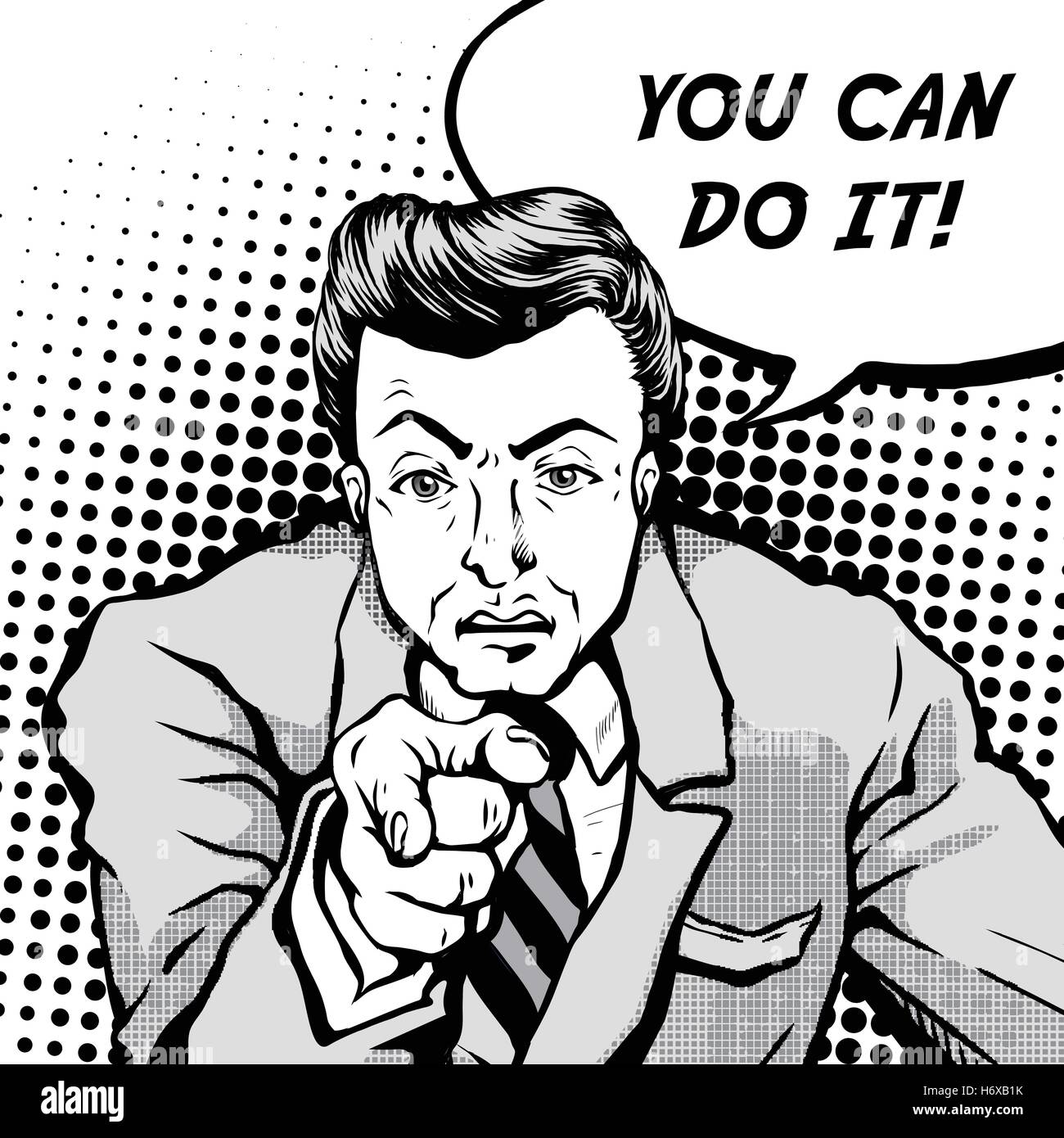 retro man frowning with pointing finger and says you can do it, comic ...