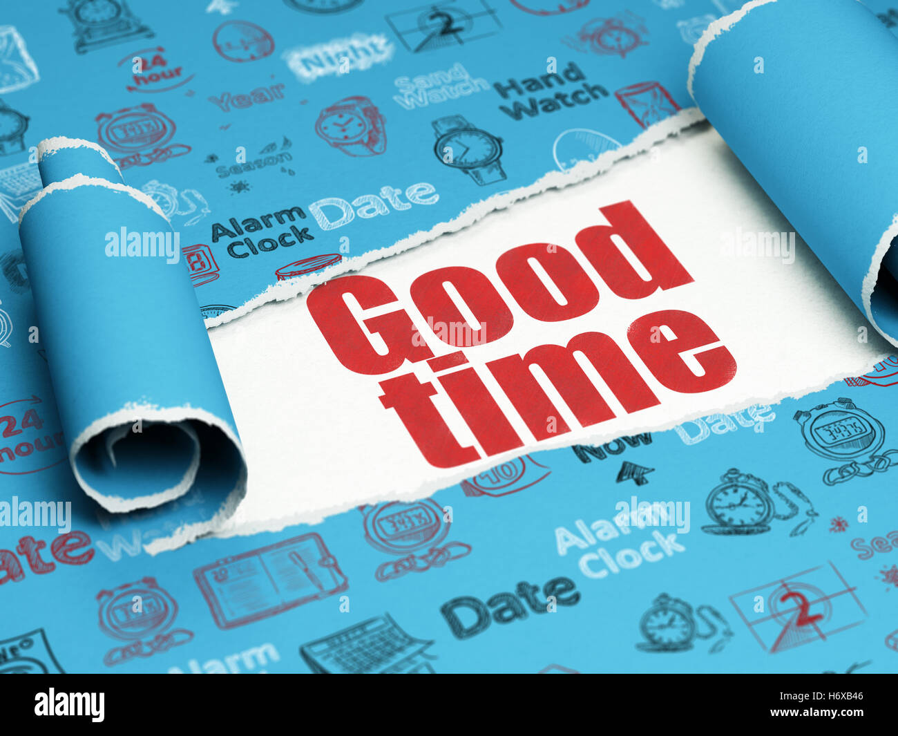 Timeline concept: red text Good Time under the piece of torn paper ...