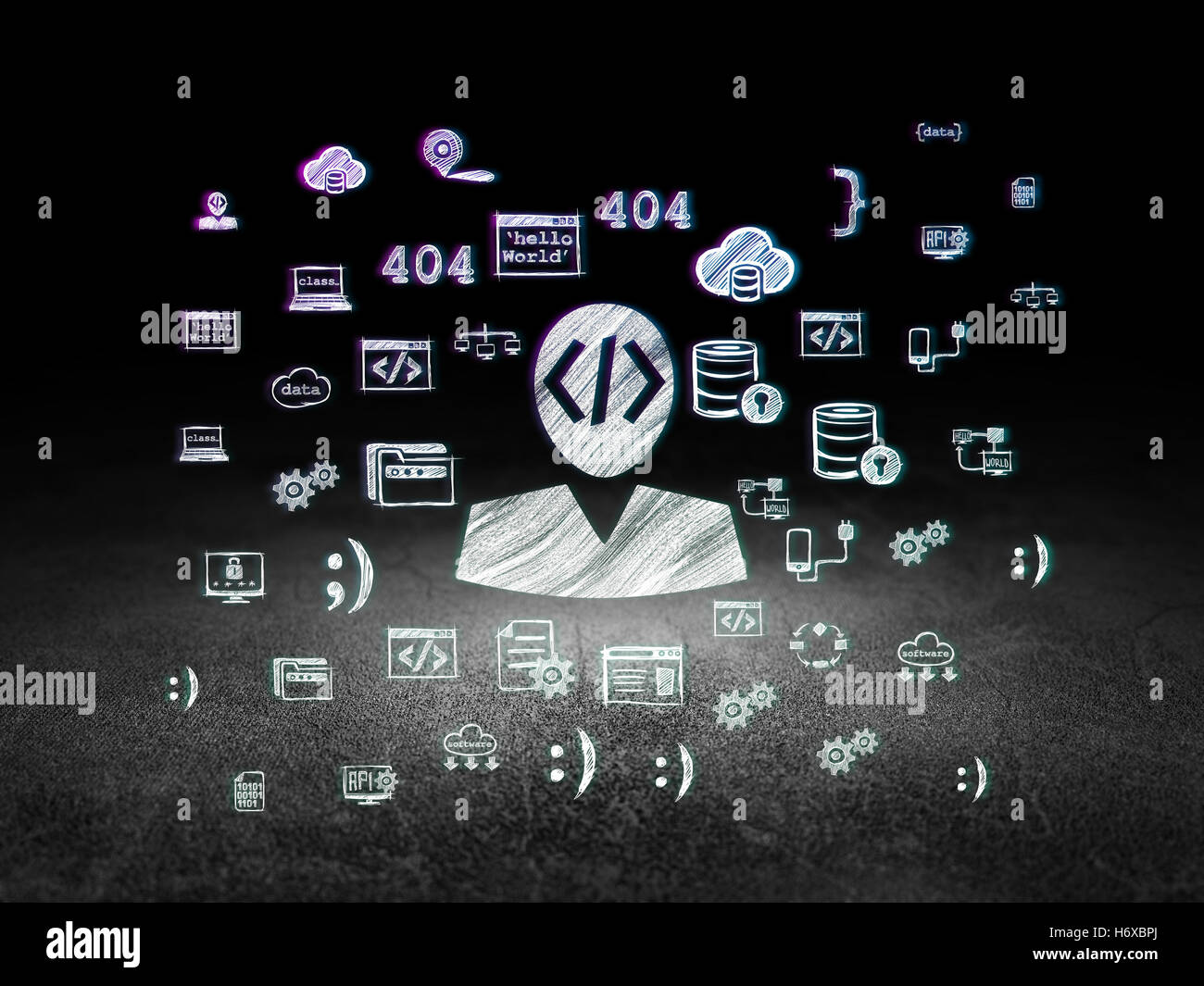 Software concept: Programmer in grunge dark room Stock Photo - Alamy
